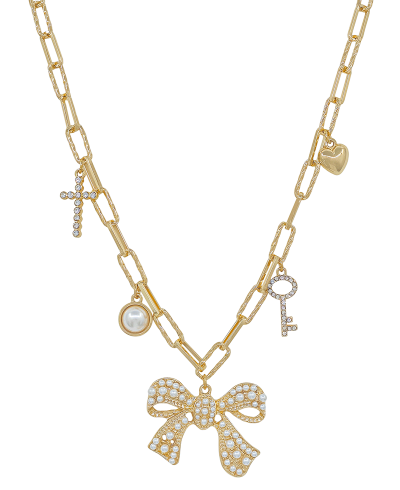 Ribbon w/ Multi Charm Texture Chain Necklace