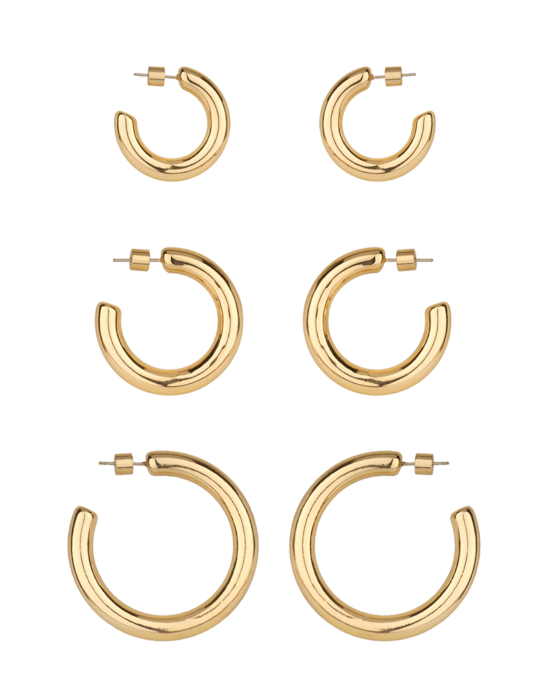 Metal Cylinder Back 3 Pair Hoop Earring